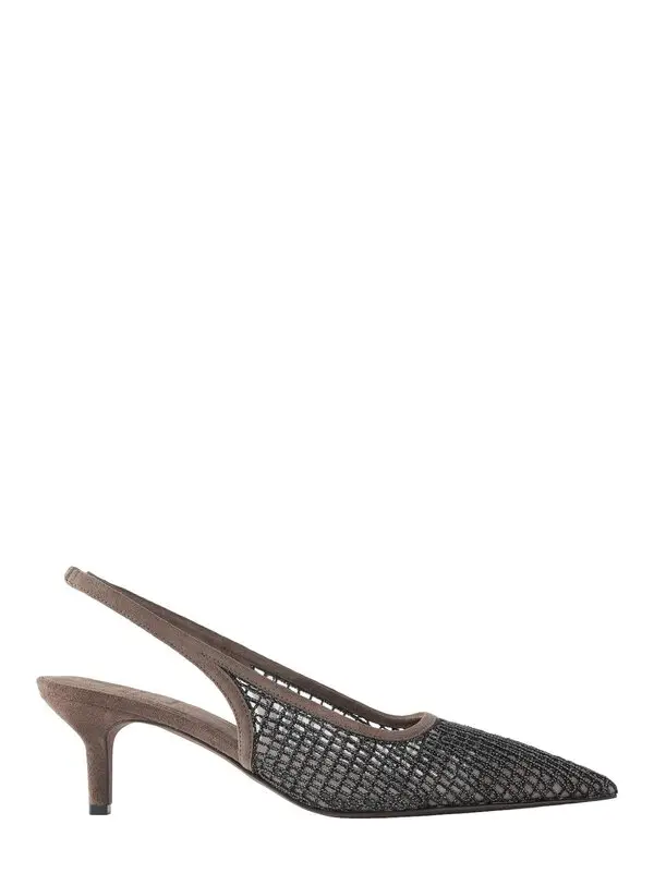 Brunello Cucinelli Embellished Suede-trimmed Mesh Slingback Pumps - Dark Brown