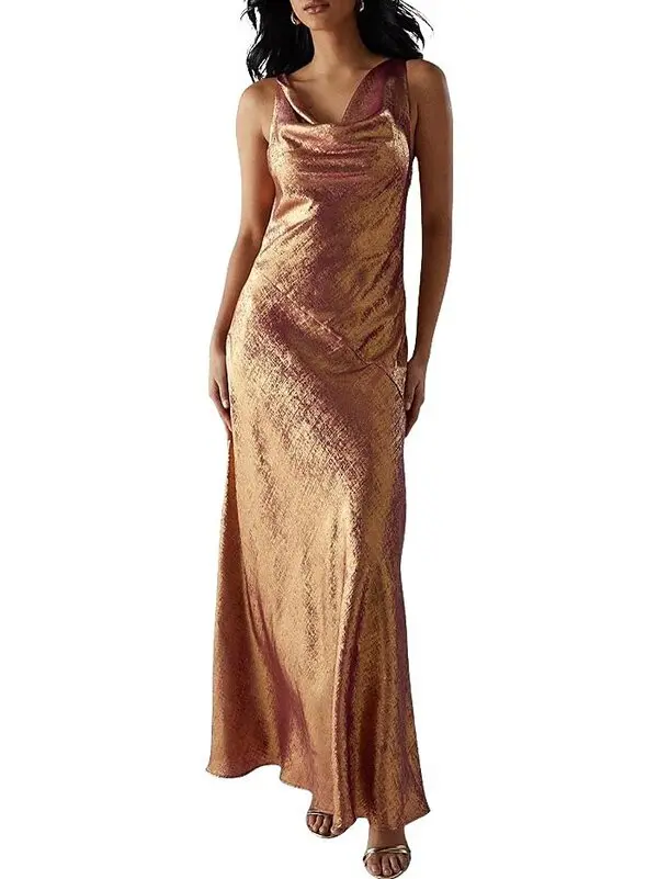 WAREHOUSE Metallic Lamé Cowl Neck Maxi Dress - Magenta