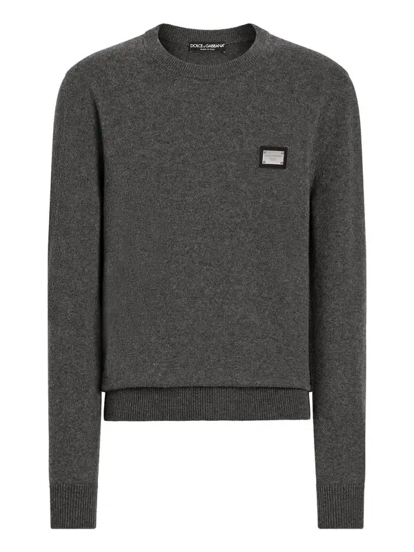 Dolce & Gabbana Wool Round-neck Sweater With Branded Tag - Grey