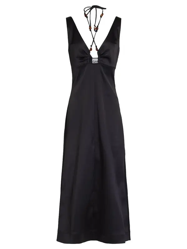 GANNI Bead-embellished Ruched Satin Halterneck Midi Dress - Black