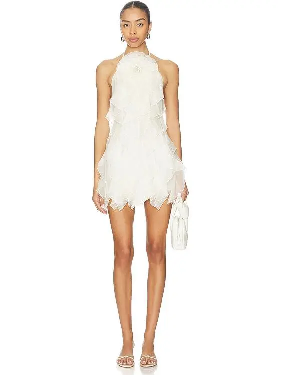 Retrofete Arina Organza Ruffled Mini Dress With Flower Embellishment - Off White