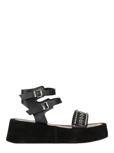 JANET & JANET Leather Wedge Sandals - Black
