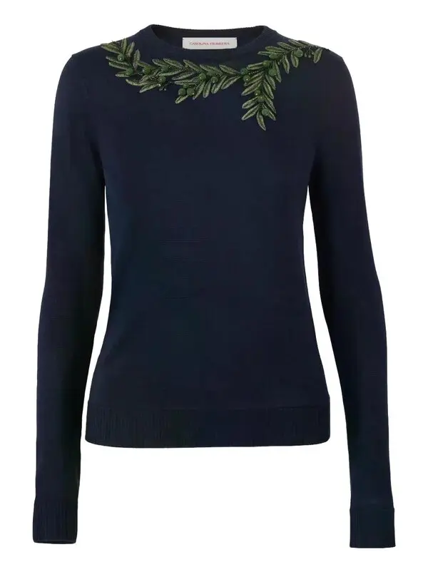 Carolina Herrera Olive Branch Embroidered Sweater - Blue