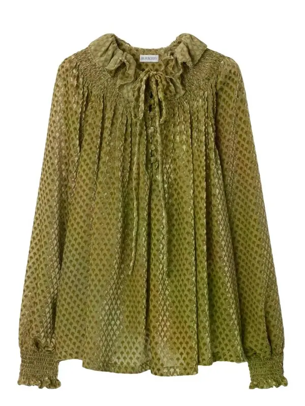Burberry Ruffled-collar Velvet Blouse - Green