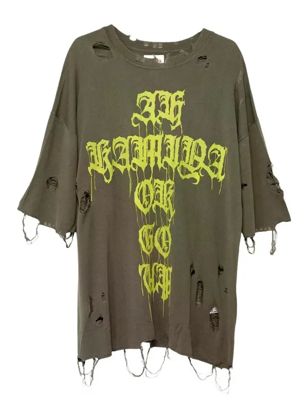 KAMIYA Cross-print Distressed T-shirt - Green