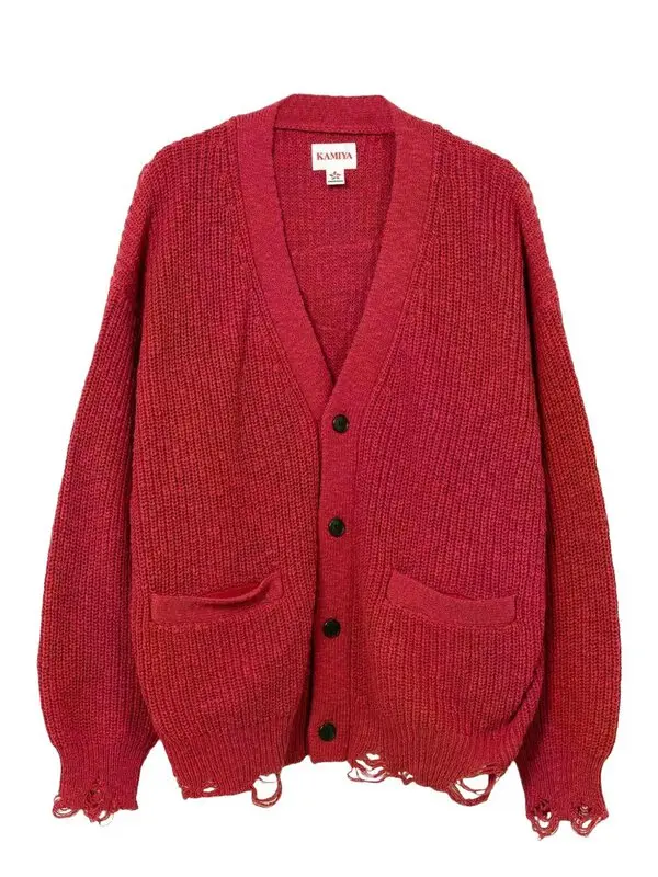 KAMIYA Frayed Pocket Cardigan - Red