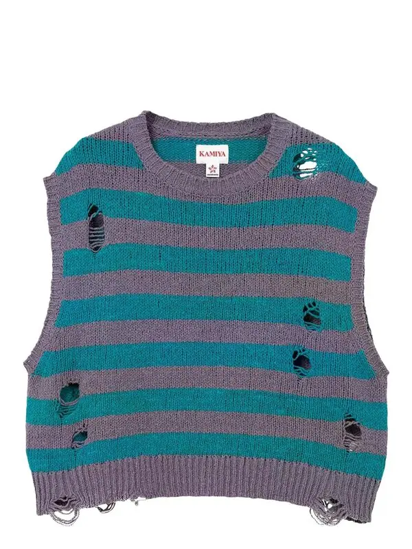 KAMIYA Striped Distressed Knitted Vest - Purple