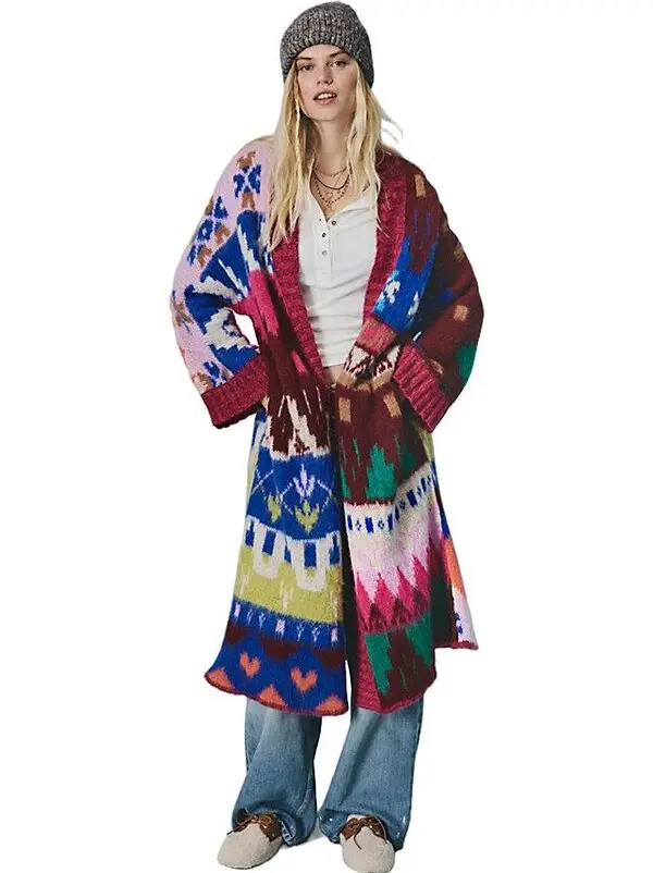 Free People Folk Song Maxi Cardigan - Rainbow Wine Combo