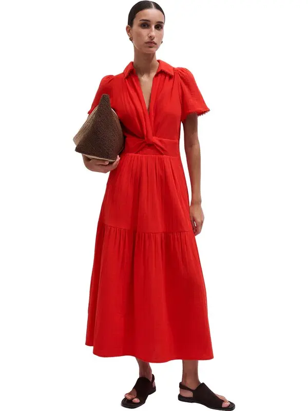 ME+EM Fit & Flare Twist Cheesecloth Maxi Dress - Poppy Red