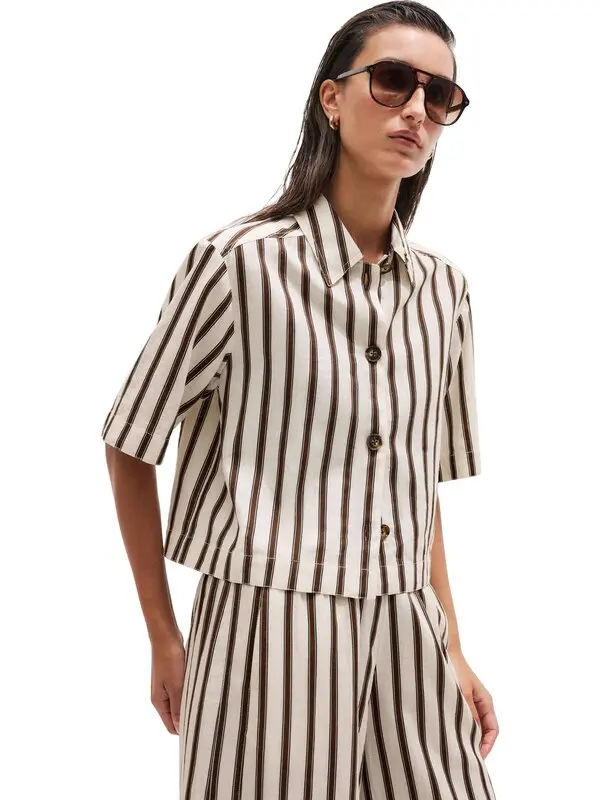 ME+EM Crease-less Linen Spring Stripe Boxy Cropped Shirt - Light Cream Multi
