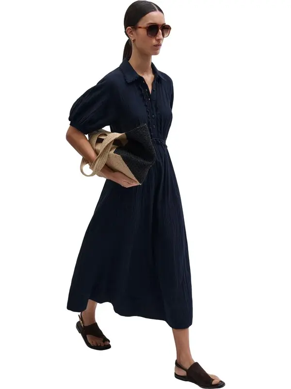 ME+EM Fit & Flare Cheesecloth Midi Dress - Navy