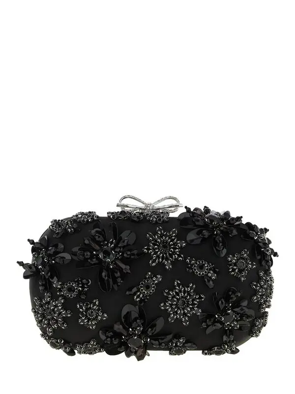 SELF-PORTRAIT Floral Crystal Embellished Satin Clutch - Black