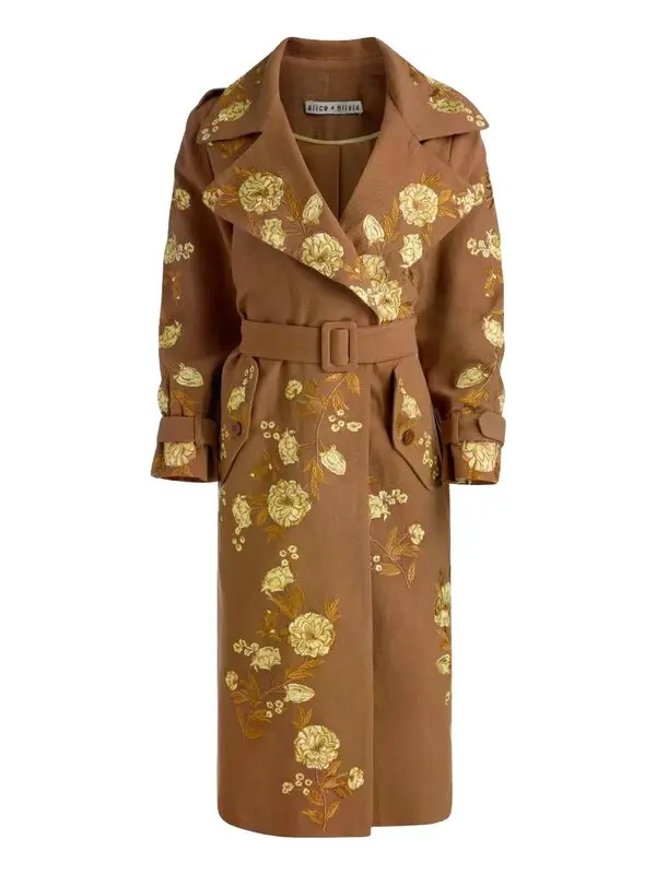 Alice + Olivia Floral-embroidered Trench Coat - Brown