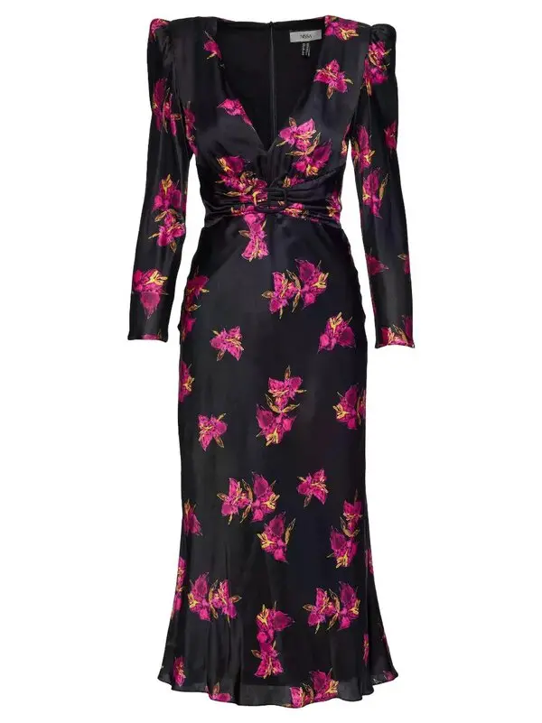 NISSA Floral Belted Silk Midi Dress - Black