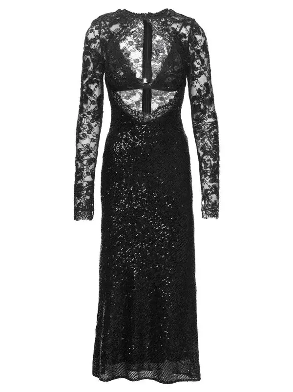 NISSA Sequin Lace Midi Dress - Black