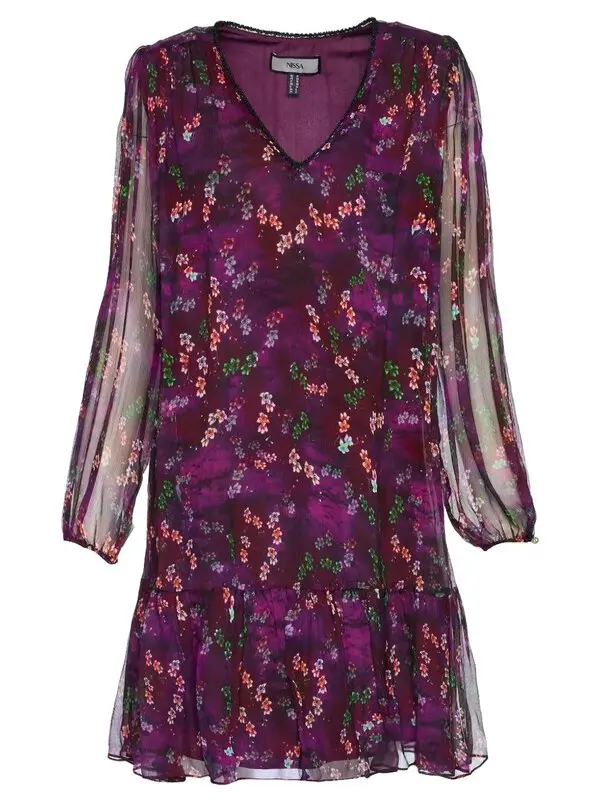 NISSA Ruffle Floral Silk Mini Dress - Purple