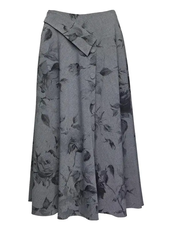 NISSA Floral Print Buttoned Midi Skirt - Grey