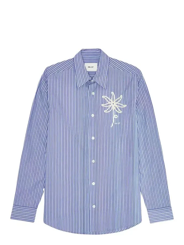 Nn07 Embroidered-flower Striped Shirt - Blue