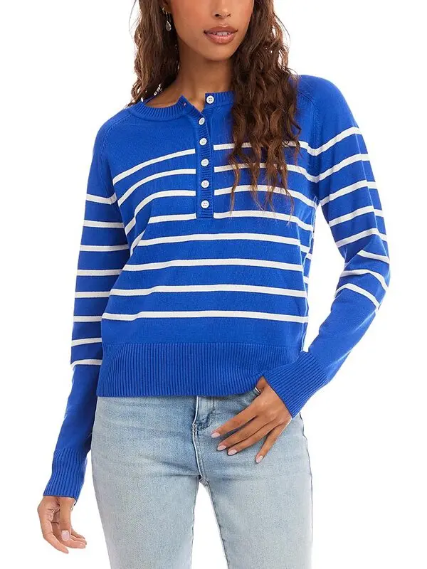 Karen Kane Striped Henley Sweater - Sapphire/ Off White