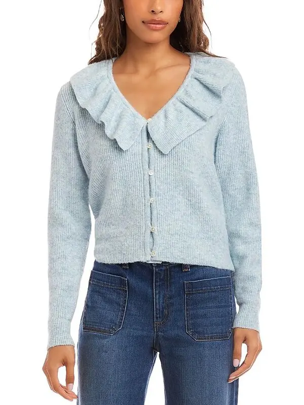 Karen Kane Ruffle Neckline Cardigan Sweater - Aqua