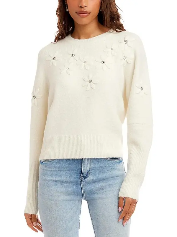 Karen Kane Rhinestone Embroidered Flower Sweater - Cream