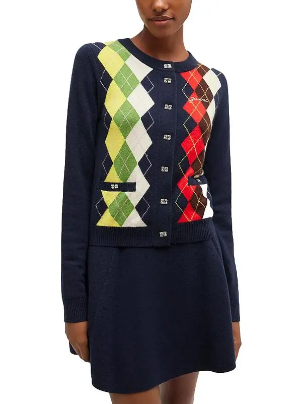 GANNI Wool & Cashmere Argyle Cardigan - Sky Captain