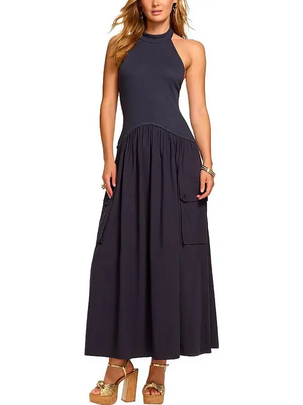 Ramy Brook Simonne Mixed Media Halter Dress - Navy
