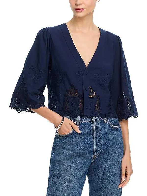 CISSA Lace Trimmed Blouse - Navy Vintage