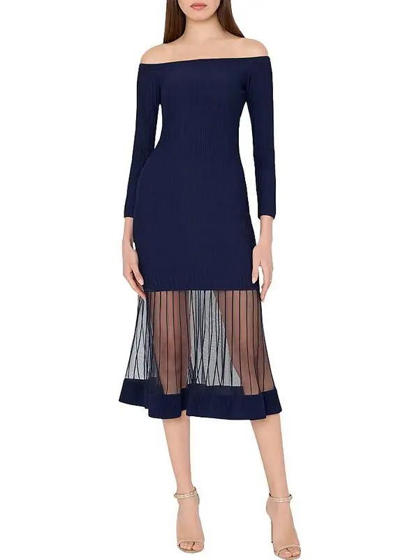MILLY Off-the-shoulder Midi Dress - Navy