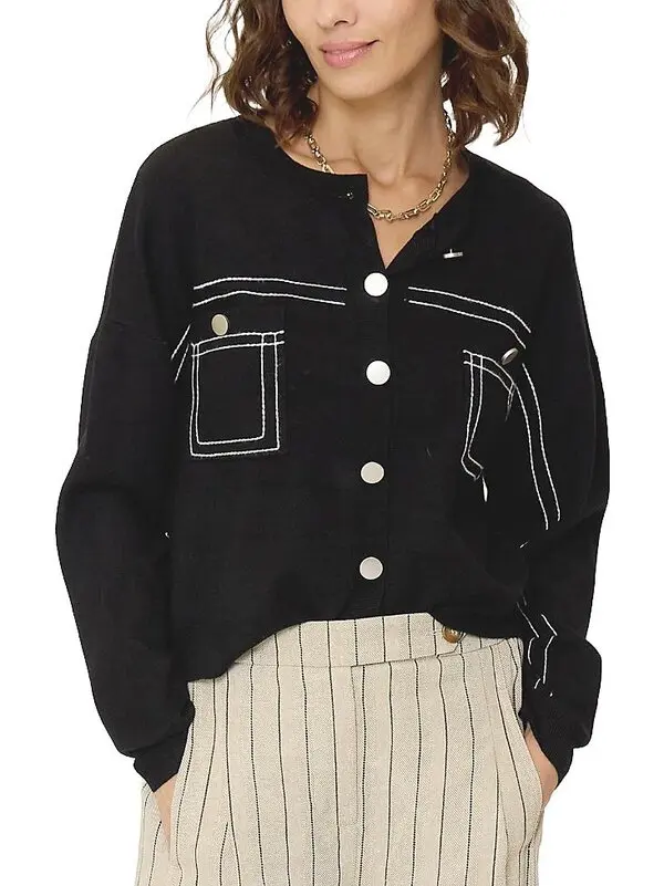Central Park West Oversized Topstitch Cardigan - Black