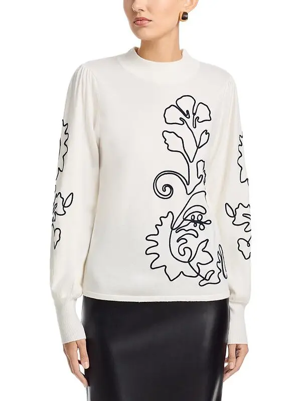 T Tahari Long Sleeve Embroidered Jersey Mock Neck Pullover Sweater - White Star