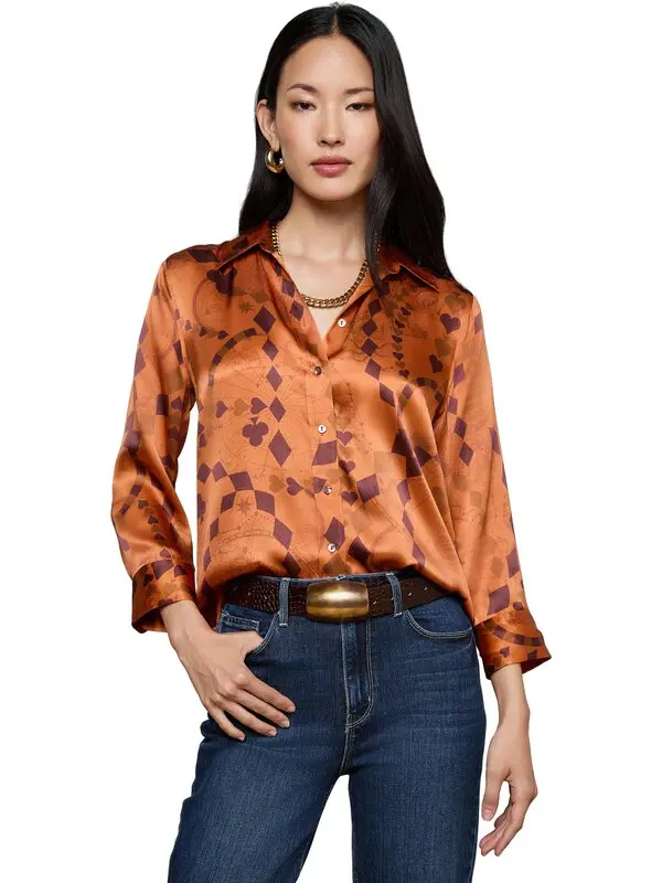 L'Agence Dani Printed Silk Blouse - Amber Brown Playing Card Geo