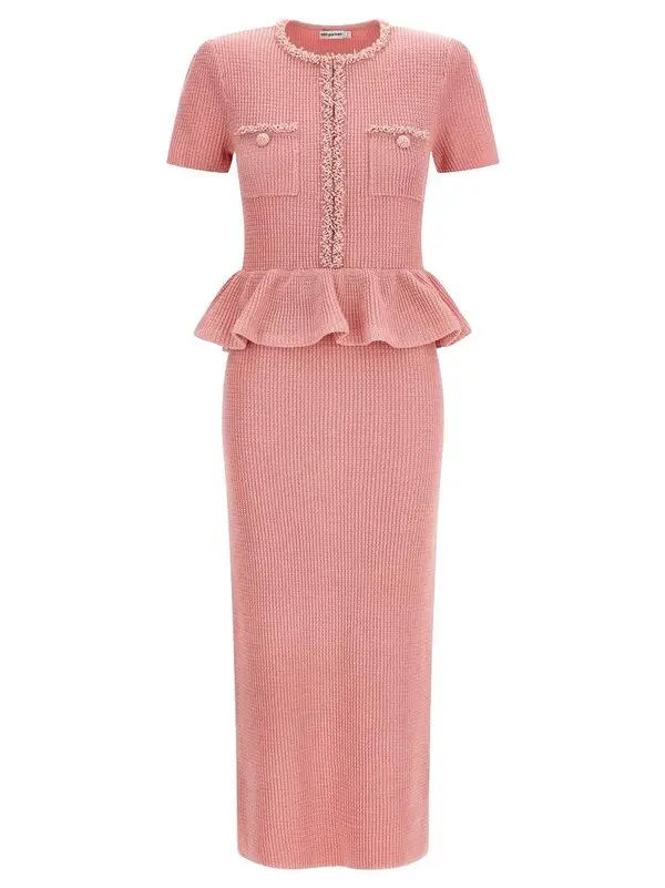 SELF-PORTRAIT Peplum Knit Midi Dress - Pink