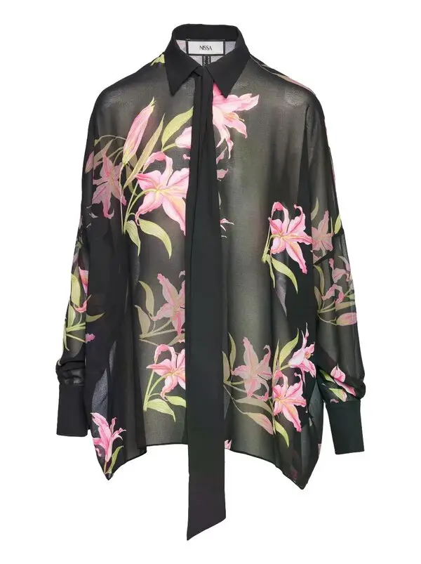NISSA Floral Tie Blouse - Black