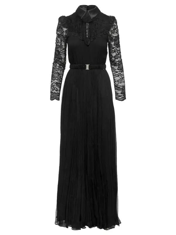 NISSA Lace Pleated Maxi Dress - Black
