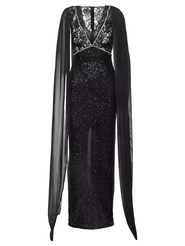 NISSA Sequin Lace Maxi Dress - Black