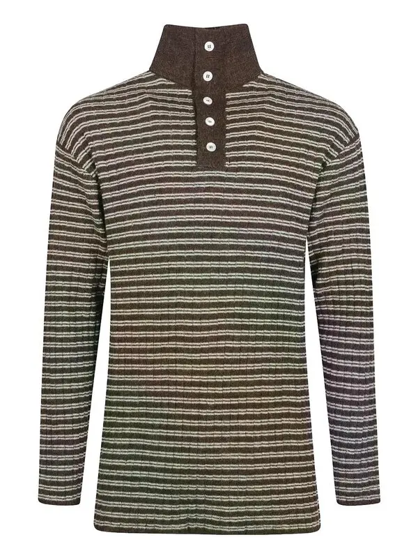 NAMACHEKO Striped Buttoned Highneck Luther Sweater - Brown
