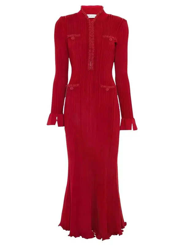 SELF-PORTRAIT Beaded-trim Ribbed Midi Dress - Red
