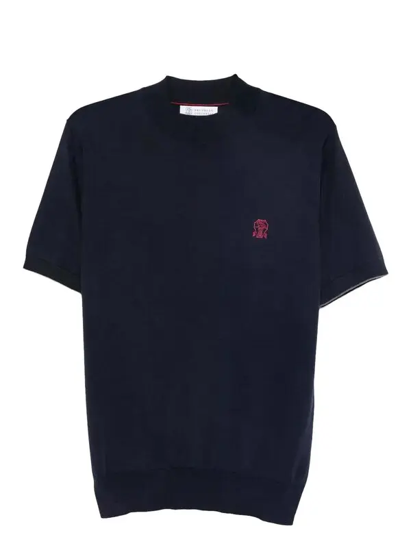 Brunello Cucinelli Embroidered-logo Knitted T-shirt - Blue