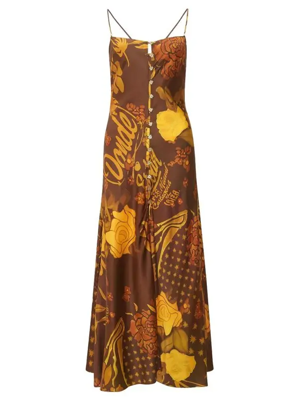 DONDE ESTEBAN Floral Print Button Detailed Midi Slip Dress - Brown