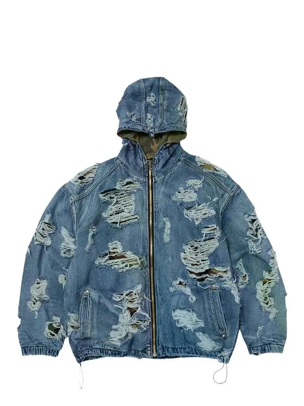 THUG CLUB Distressed Zip-up Hooded Jacket - Blue