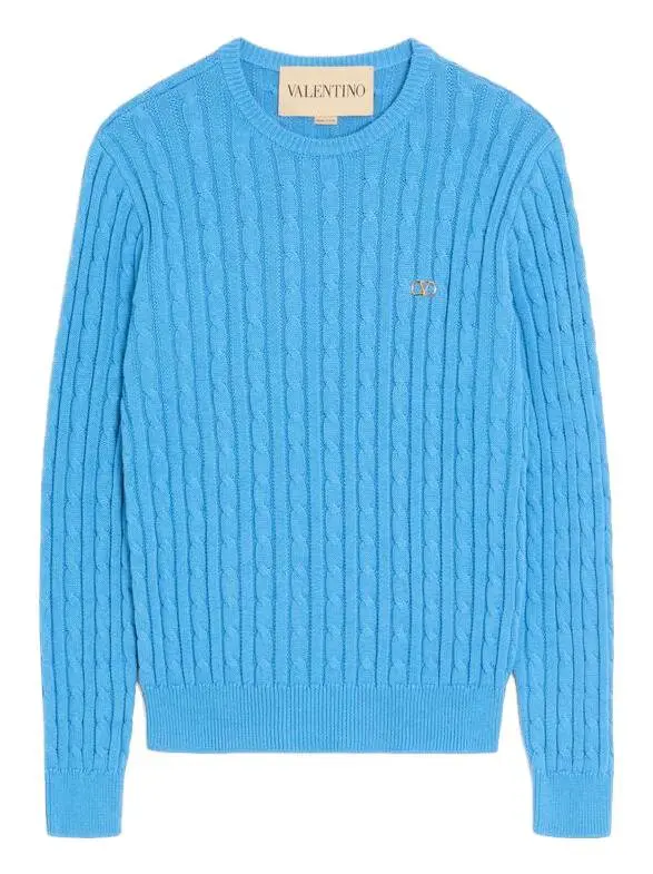 Valentino Garavani Cable-knit Crew Neck Jumper With Vlogo - Azure