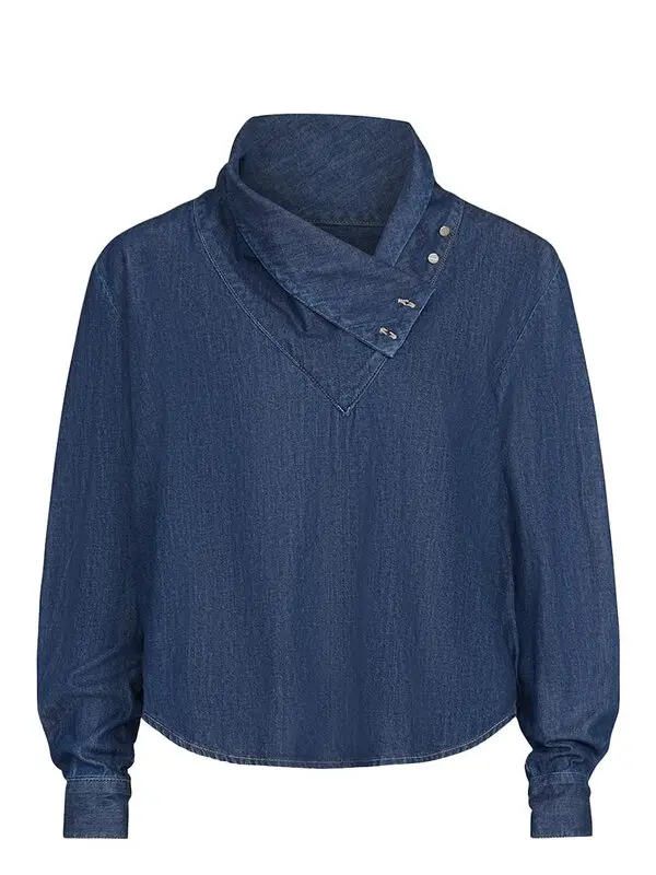 TWP Cotton Denim Shirt With Draped Asymmetric Collar - Dkgray