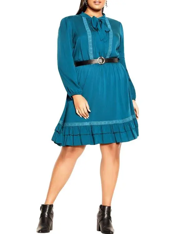 City Chic Precious Tie Neck Belted Long Sleeve Dress - Teal