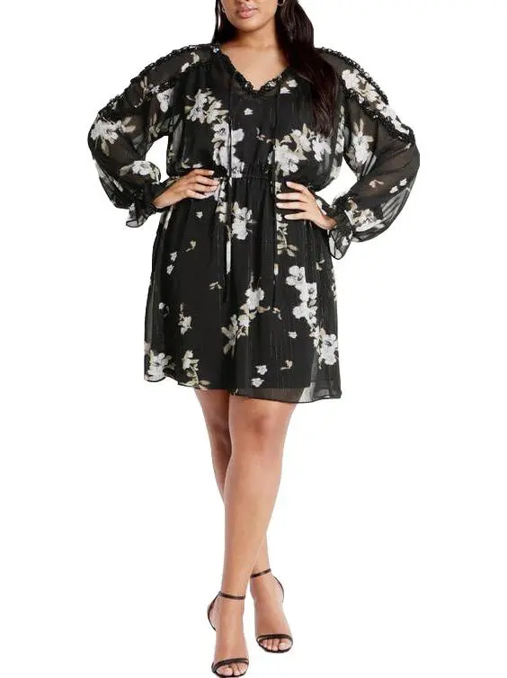 City Chic Nina Print Metallic Long Sleeve Dress - Floral
