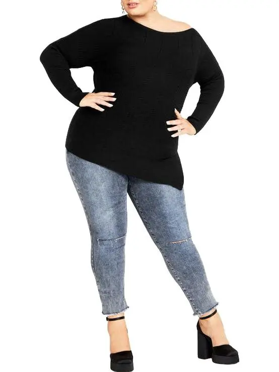 City Chic Lean In One-shoulder Rib Sweater - Black