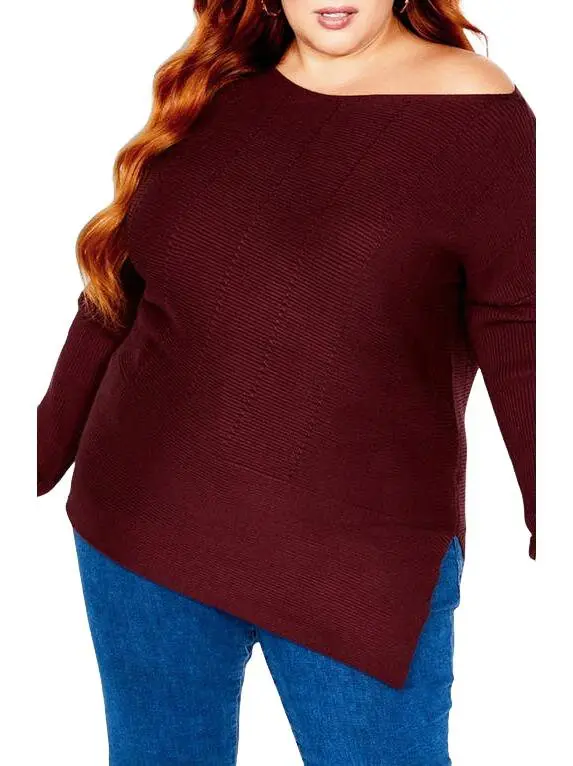 City Chic Lean In One-shoulder Rib Sweater - Red
