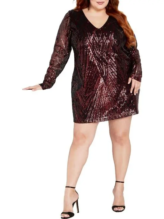 City Chic Veda Long Sleeve Sequin Mini Dress - Ruby