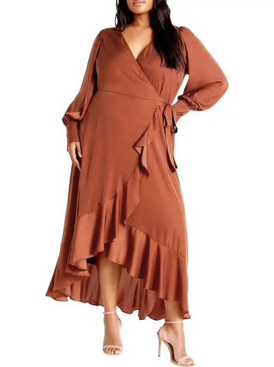 City Chic Marceline Long Sleeve Wrap Maxi Dress - Toffee