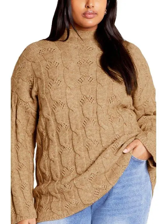 City Chic Iris Mock Neck Cable Knit Tunic Sweater - Sand